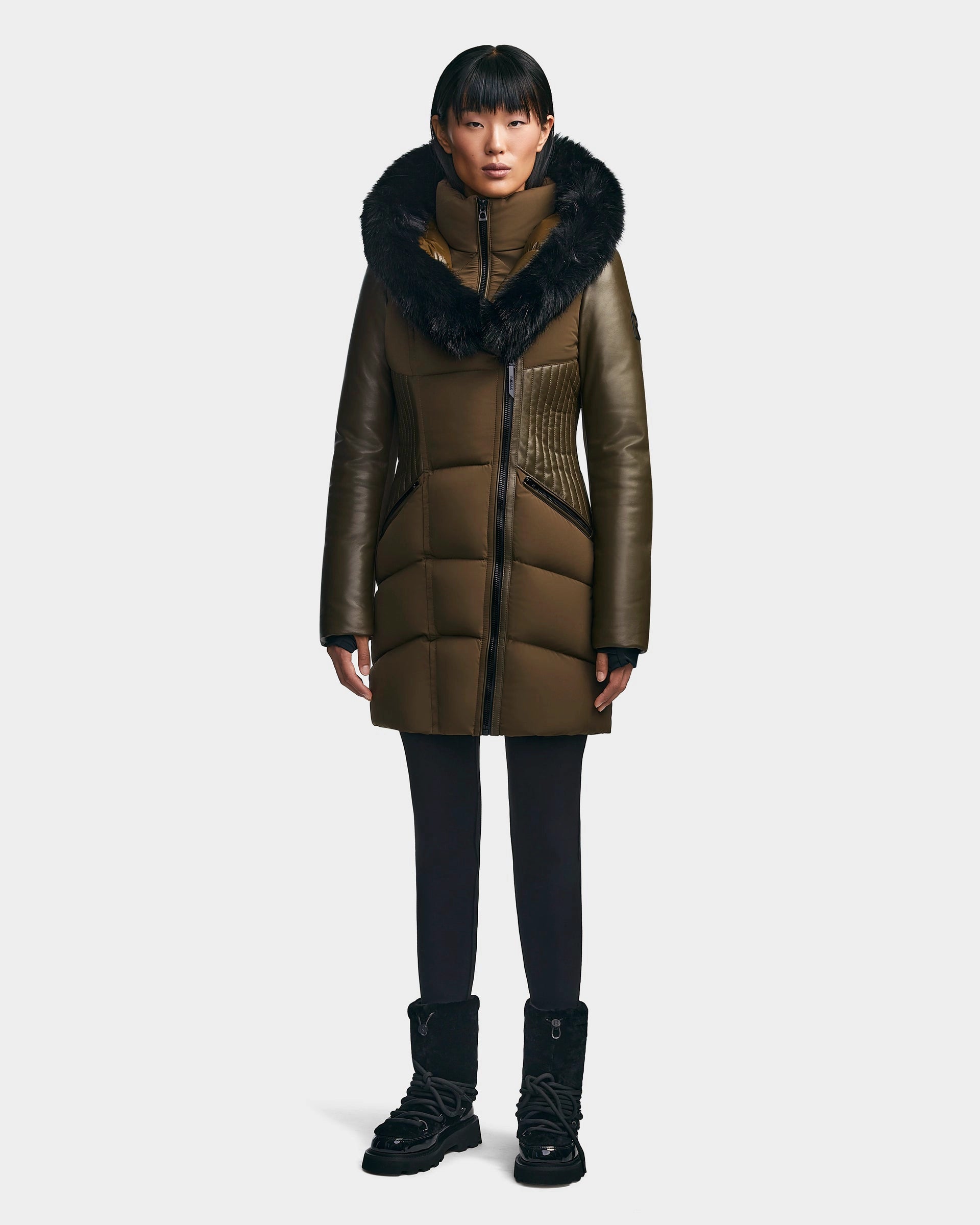 Women's puffer coat with leather SHAUNA Army | RUDSAK – Rudsak